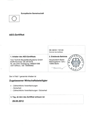 Certifications Toni Technik | ISO 9001 | DAkkS | AEO